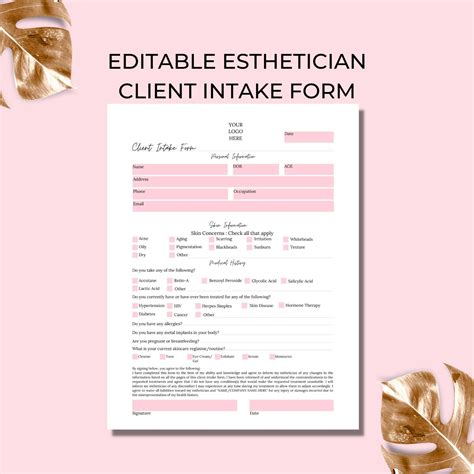Client Intake Form 1 Page Diy Editable Printable Canva Template Facial Consultation Client