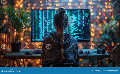 Back View Of A Programmer Working With A Computer In The Office Ai Generated Stock Illustration