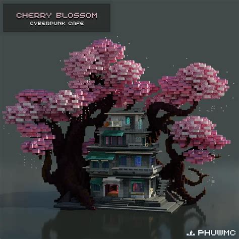 Minecraft Cherry Blossom Cyberpunk Cafe World Download And Schematic Files Minecraft Map