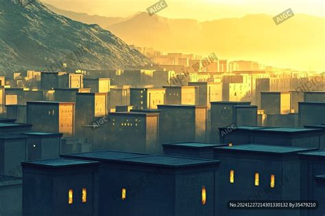 Ai创作图虚幻城市 科幻地产 街区黄昏风光 荒漠城市 傍晚厂房背景 逆光盆地城镇 立方体城市 城市科幻 夕阳建筑背景 荒漠工业城市 抽象建筑风光 幻想城市 日落建筑插画 外星城市 虚构城市