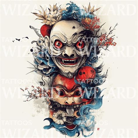 Grinning Yokai With Red Blossoms Tattoo Design Tattoos Wizard Designs