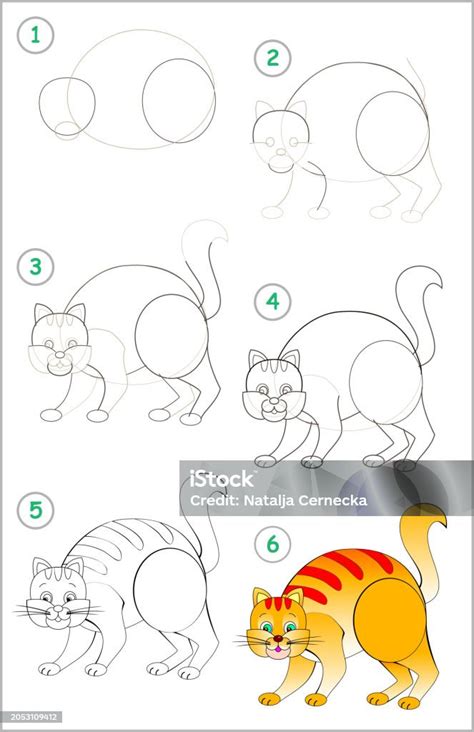 서 있는 고양이를 그리는 방법을 단계별로 배우는 페이지를 보여줍니다 아이들의 그림 그리기와 색칠 기술 개발 벡터 이미지입니다 고양이 새끼에 대한 스톡 벡터 아트 및 기타