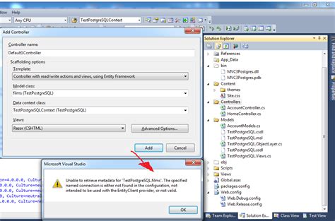 C Unable To Retrieve Metadata Connecting Mvc3 Ef With Postgres 91