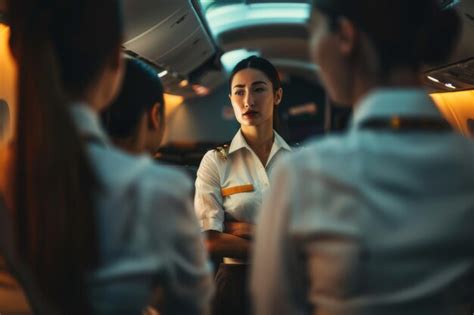 Flight Crew Briefing Inside Airplane Cabin Premium Ai Generated Image