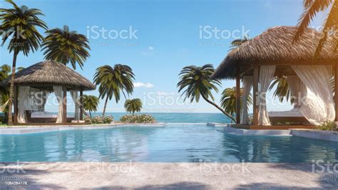 바다 열 대 섬 여름 휴가 컨셉에 끝 없는 수영장 근처 3d 렌더링 방갈로 풀사이드에 대한 스톡 사진 및 기타 이미지 풀사이드 수영장 스포츠 경기장 몰디브 Istock