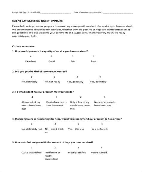 Free 8 Sample Client Satisfaction Questionnaire Forms In Pdf Ms Word
