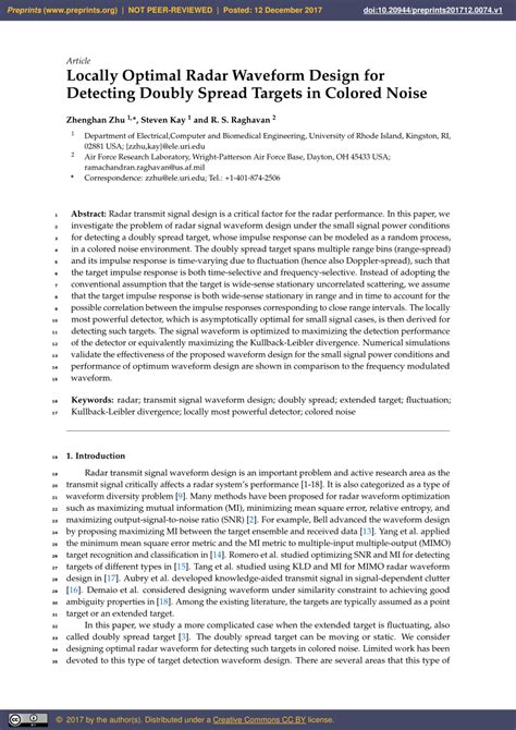 Pdf Locally Optimal Radar Waveform Design For Detecting Doubly Spread Targets In Colored Noise