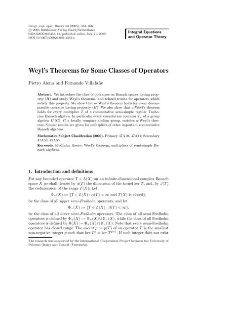 Pdf Weyls Theorems For Some Classes Of Operators