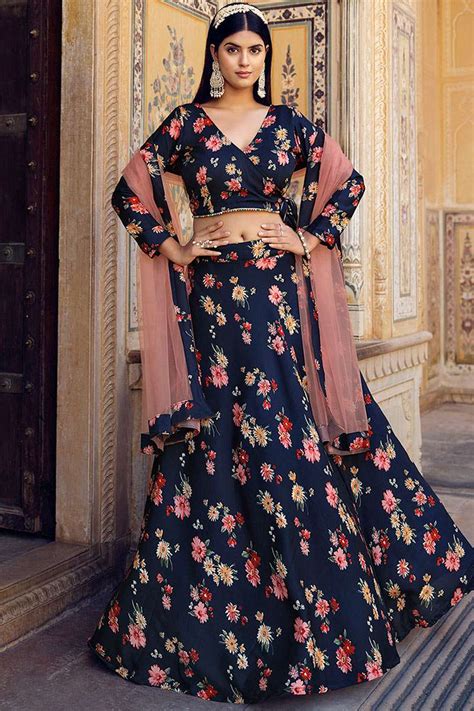 Floral Print Navy Blue Chinnon A Line Style Lehenga Llcv116798