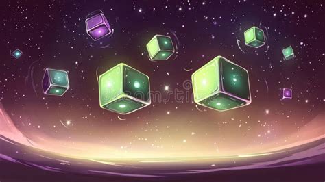 A Cosmic Scene Featuring Floating Cubes In A Starry Sky With A Gradient Horizon Stock