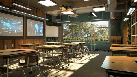 A Modern And Inviting Classroom Designed For Interactive Learning Equipped With Large