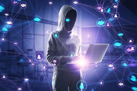 Hacker In Hoodie Using Laptop With Connected Digital People Team Icons