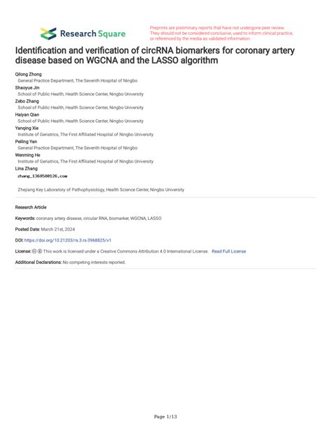 Pdf Identification And Verification Of Circrna Biomarkers For