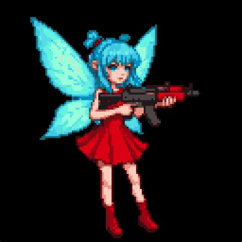 Pixel Art Cyan Pixie With Uzi Fierce Fantasy Action