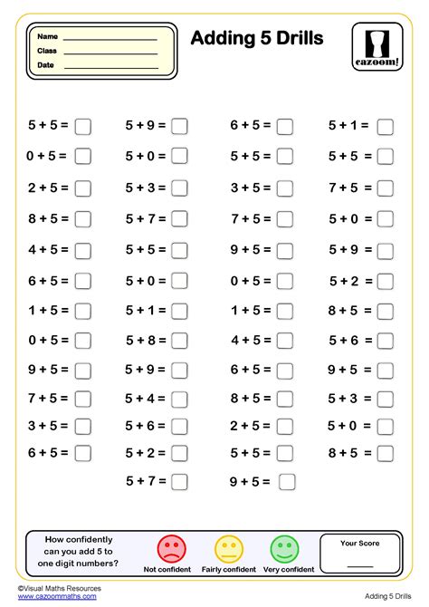 Adding 5 Drills Worksheet 50 Questions Pdf Printable Addition