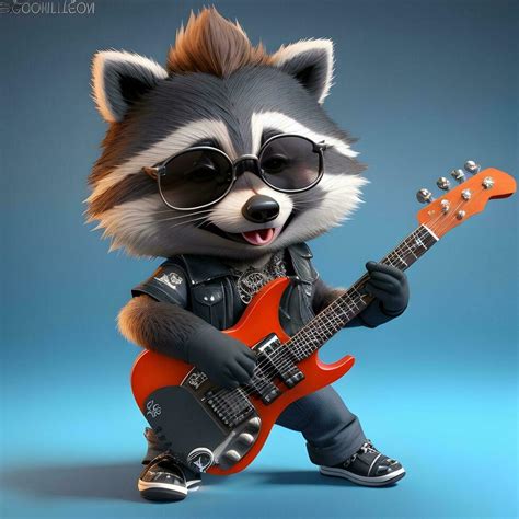 Smart Cat Rockstar 3d Cartoon Raccoon Character With A Guitar And Cool