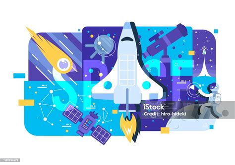 우주 탐사에 대한 창의적인 일러스트레이션 추상적 인 배경에 우주 로켓 또는 셔틀 개념에 대한 스톡 벡터 아트 및 기타 이미지 개념 과학 교통수단 Istock