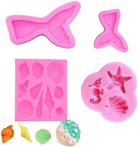 SAKOLLA Mermaid Theme Cake Fondant Mold - Seahorse Seashell Starfish Mermaid Tail Silicone Mold ...