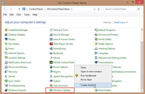 create a shortcut to ‘windows update in windows 8 1