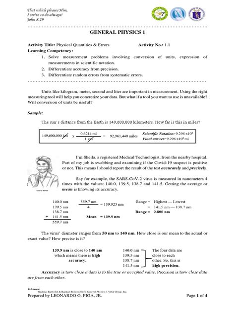 general physics 1 activity title physical quantities and errors