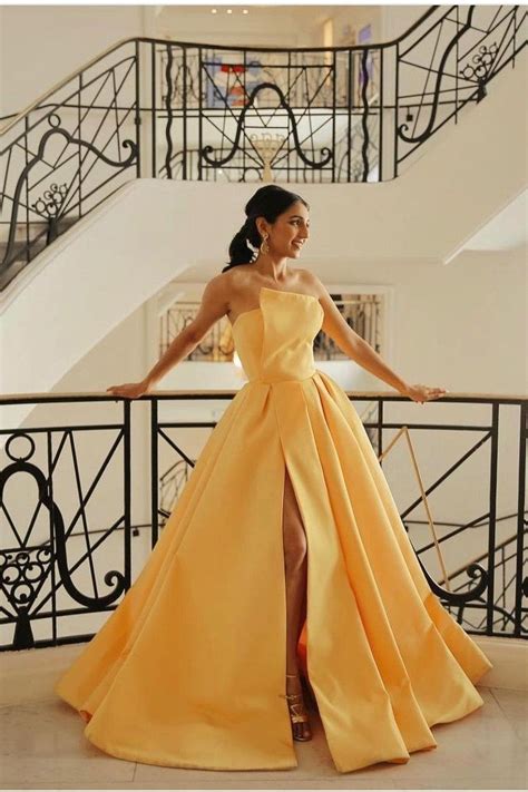 Yellow Satin Prom Dress With Asymmetrical Strapless Neckline