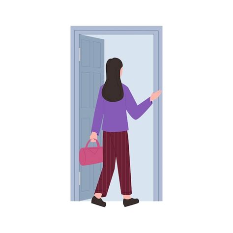 Young Woman With Bag Walking Out Gray Door To Leave Room Rear View