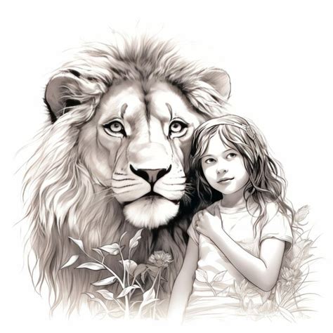 무죄 의 수호자 사자 와 어린이 색칠 페이지 평화로운 ⁇ 색 배경 에 있는 우아 한 라인 아트 프리미엄 Ai 생성 이미지