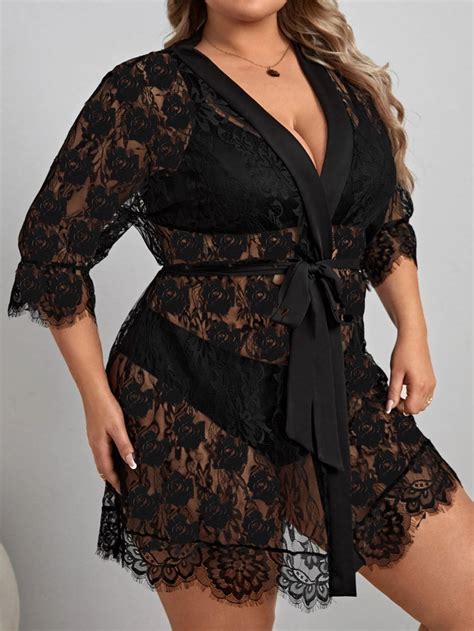 Wholesale Plus Size Erotic Lingerie Flower Lace Mesh Night Robe