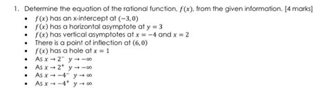 Solved 1 Determine The Equation Of The Rational Function