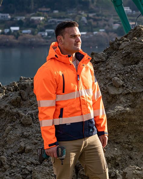 Jones Hi Vis Softshell Coat In Fluoro Orange And Navy Rainbird Workwear
