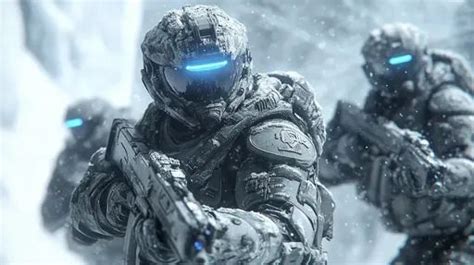 Futuristic Soldiers In Snow Covered Armor On A Dangerous Mission
