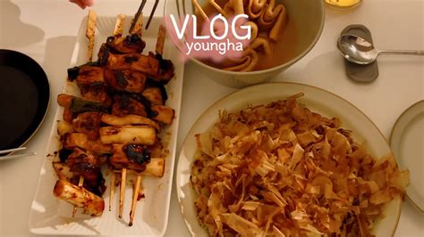 Eng Vlog 자취 요리 브이로그🍳집순이 홈자카야🍺 일식day 요리일상👩🏻‍🍳 오꼬노미야끼🦐닭꼬치🍢어묵탕🍲스키야키🥩🥬