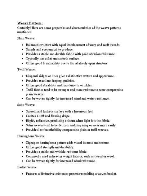 Weave Patterns Characteristics And Uses Pdf Lifestyle