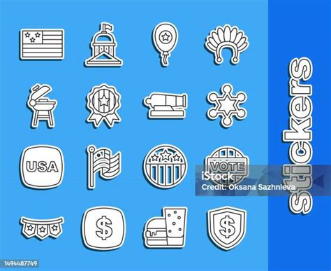 달러 투표 헥사그램 보안관 풍선 메달 스타 바베큐 그릴 미국 국기 및 대포 아이콘이 있는 라인 방패를 설정합니다 벡터 갈란드