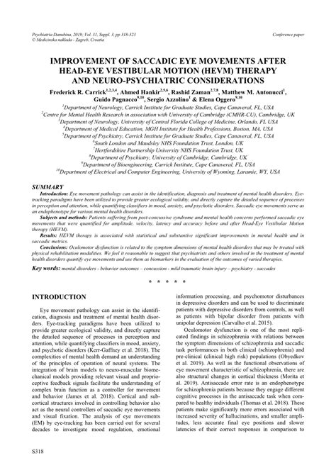 Pdf Improvement Of Saccadic Eye Movements After Head Eye Vestibular Motion Hevm Therapy And