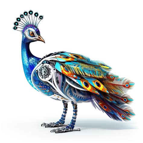 Premium Ai Image Colorful Peacock Robot Robotic Bird Isolated Over White Background