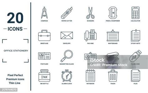 사무용품 선형 아이콘 세트입니다 가는 선 나침반 서류 가방 엽서 잉크병 파일 팩스 Hine 보고서 프리젠 테이션 다이어그램 웹 디자인 용 플래시 디스크 아이콘 포함 0명에