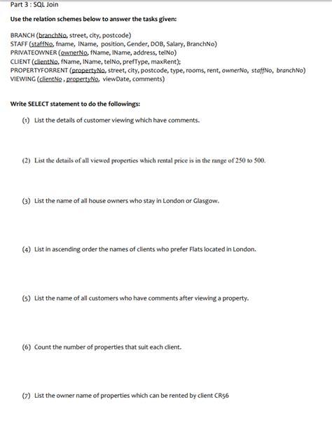 solved part 3 sql join use the relation schemes below to