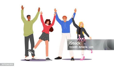 손을 들고 흔드는 다국적 행복한 사람들 캐주얼 한 옷을 입은 젊은 남녀 캐릭터가 인사 제스처 긍정적이고 친근한 제스처 바디 랭귀지 가득 찬에 대한 스톡 벡터 아트 및 기타