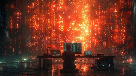 a dark room with binary code and data flowing in the air a computer screen on a table in the