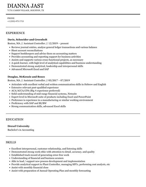 Assistant Controller Resume Samples Velvet Jobs
