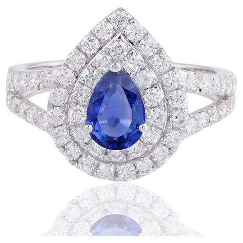 Blue Sapphire Gemstone Ring Pave Diamond 18 Karat White Gold Handmade
