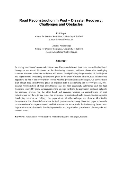 Pdf Road Reconstruction In Post Disaster Recovery Challenges And Obstacles