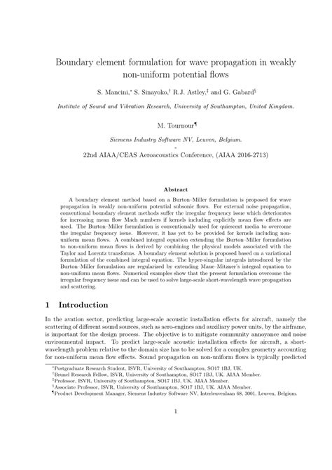 Pdf Boundary Element Formulation For Wave Propagation In Weakly Non Uniform Potential Flows