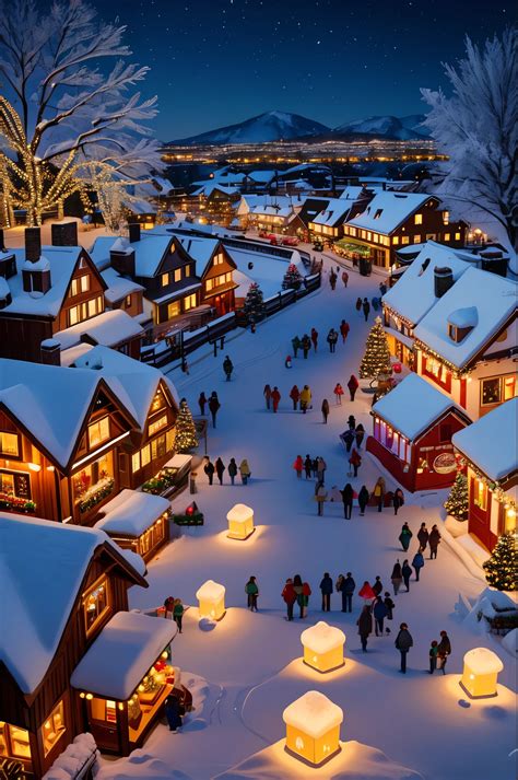 A Group Of People Walking Around A Town In The Snow Seaart Ai