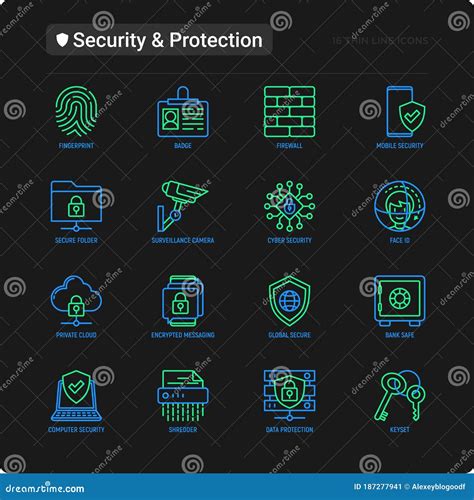 Security And Protection Thin Line Icons Set Mobile Security Fingerprint Firewall Face Id