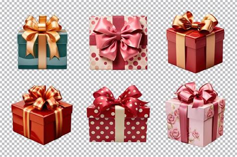 투명 배경에 분리된 리본 활이 있는 선물 상자 컬렉션 프리미엄 Psd 파일