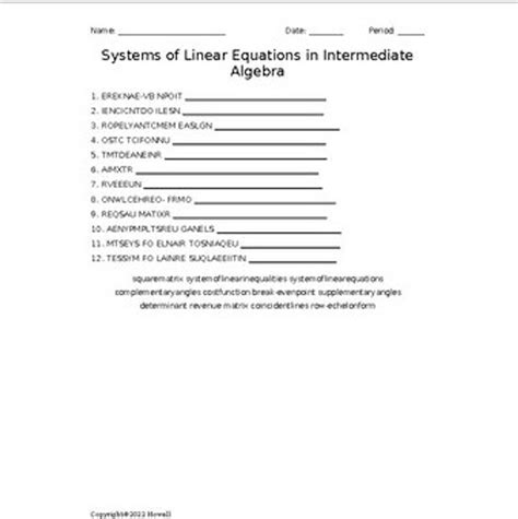 Systems Of Linear Equations In Intermediate Algebra Vocabulary Word Scramble Amped Up Learning