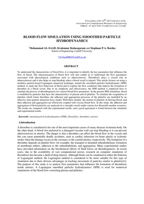 PDF BLOOD FLOW SIMULATION USING SMOOTHED PARTICLE HYDRODYNAMICS