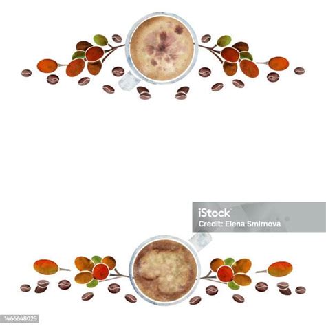 수채화 손으로 그린 테두리 프레임에는 카푸치노 커피 컵 신선하고 볶은 콩 녹색 잎이 있습니다 흰색 배경에 격리 초대장 카페 레스토랑 음식 메뉴 인쇄 웹 사이트 카드